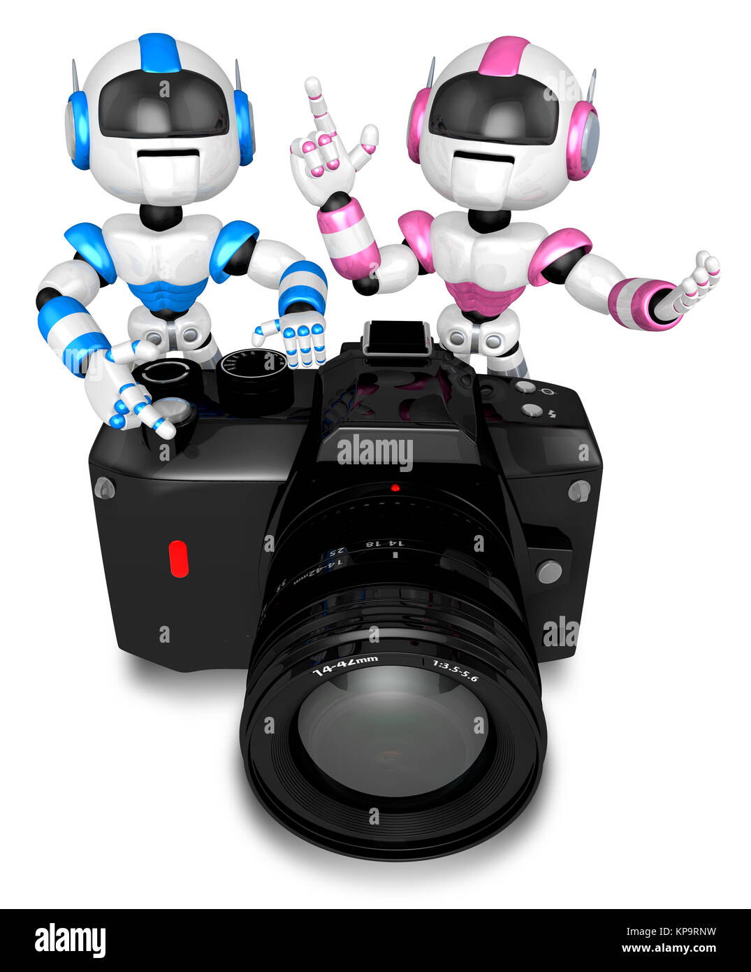 Blue robot and pink robot Big Camera the photographing. Create 3D ...
