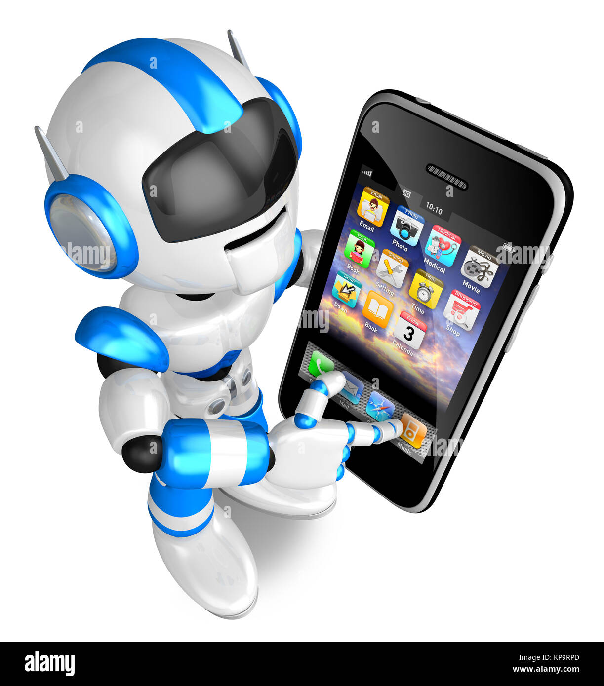 Blue Robot Character Big smartphone a touch. Create 3D Humanoid Robot ...
