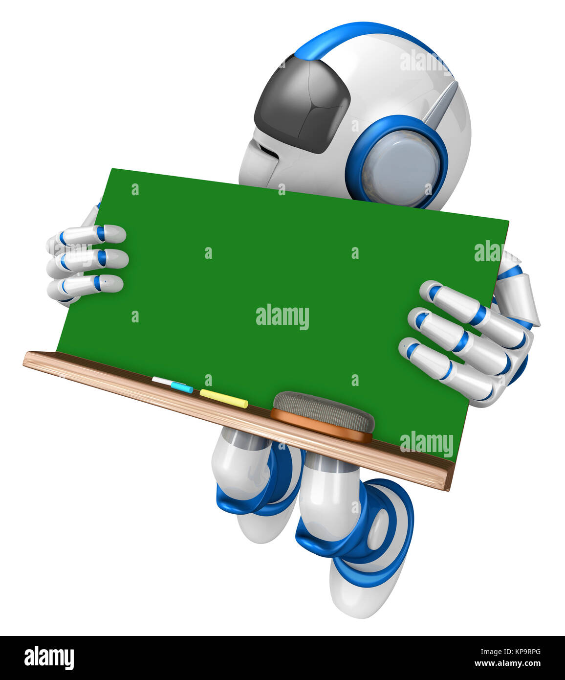 Blue robot character holding a blackboard Jumping. Create 3D Humanoid ...