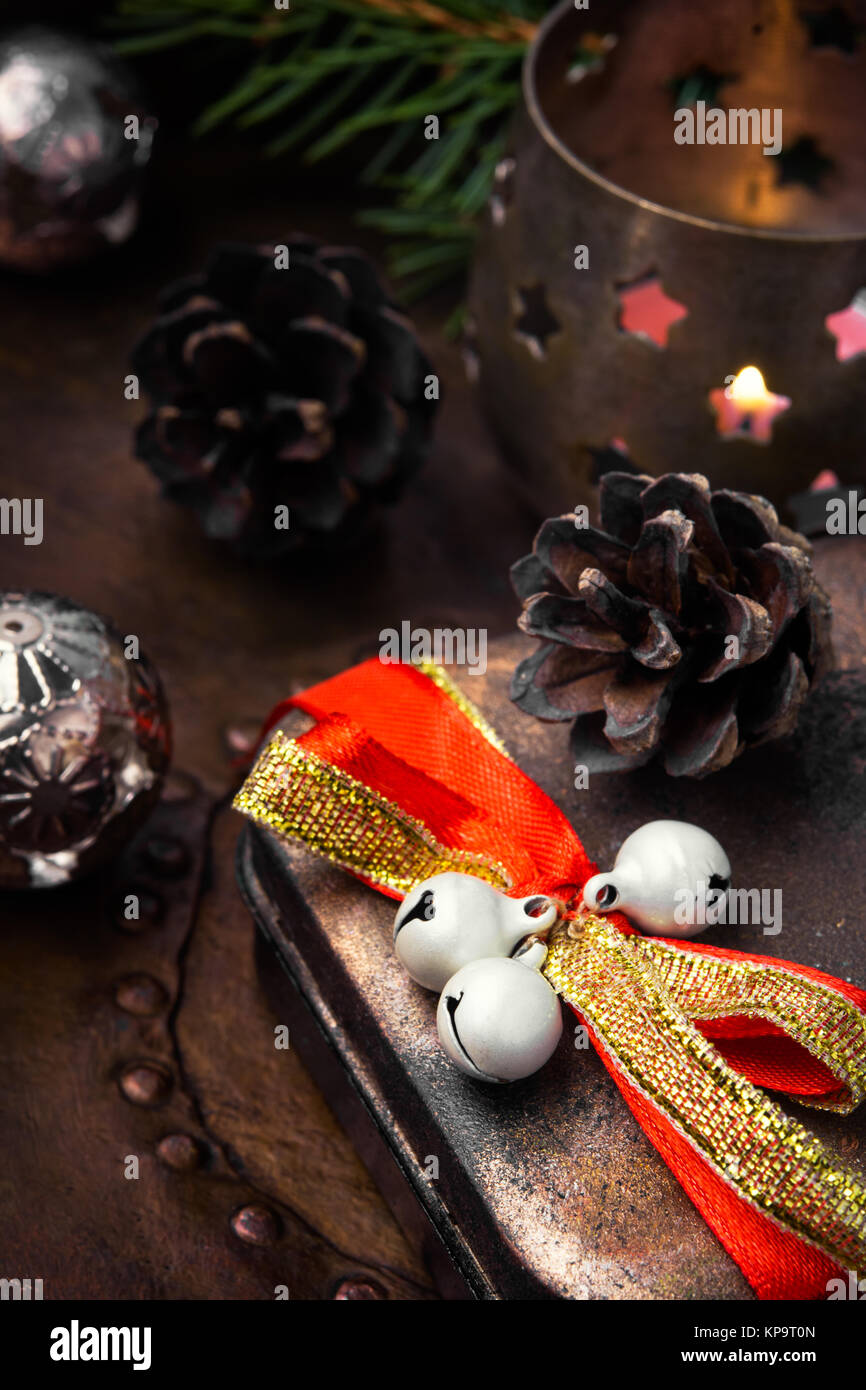 Retro gift box for Christmas and candlestick Stock Photo - Alamy