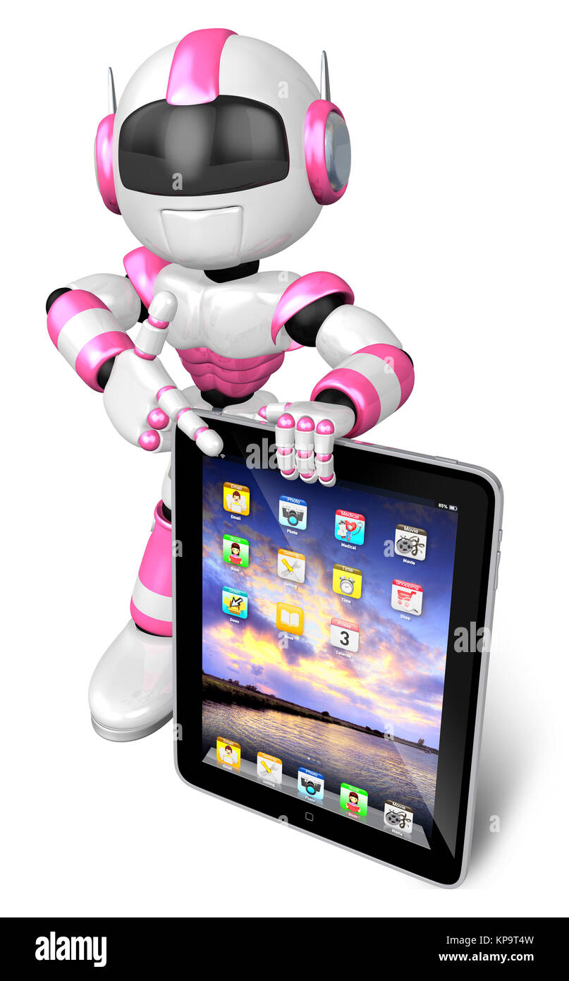 Pink robot Character fingers pointing to the tablet. Create 3D Humanoid ...