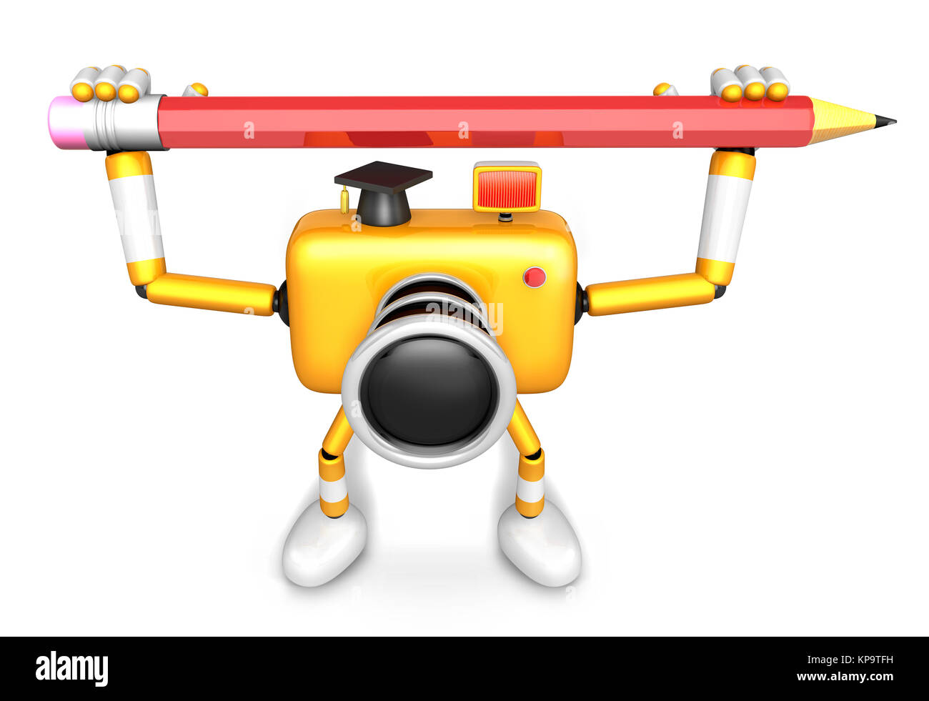 Yellow camera character with both hands holding a large pencil. Create ...
