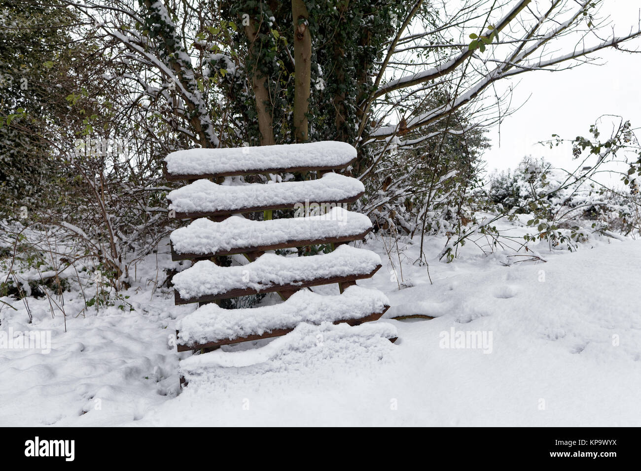 Snow covered wooden gate with trees in the background Stock Photo - Alamy
