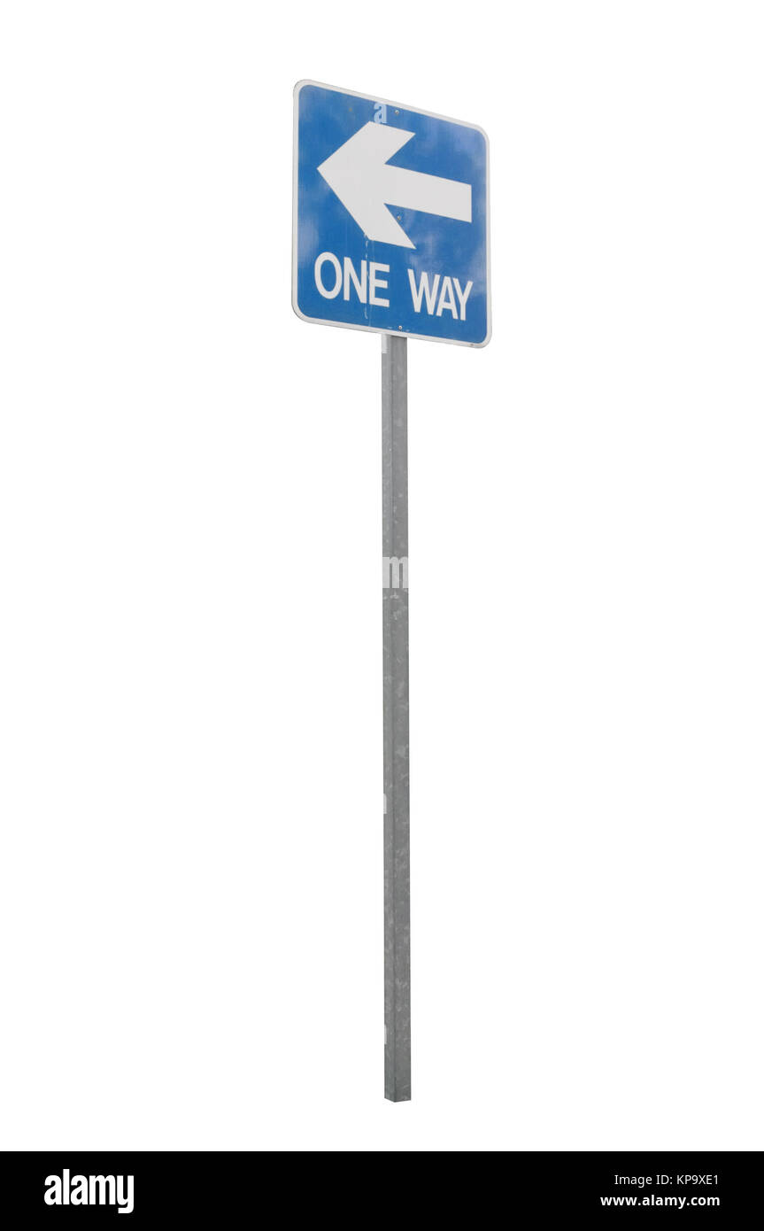 One way left sign and arrow on blue color Stock Photo - Alamy