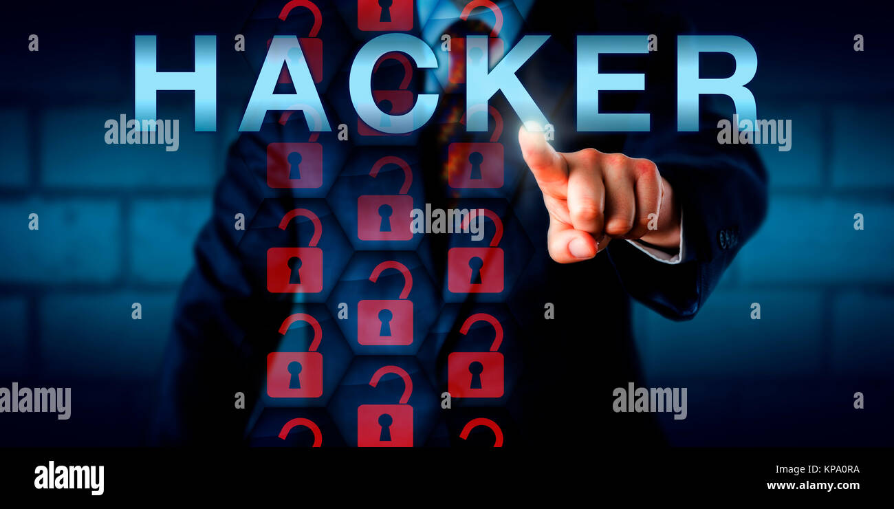 Security Expert Touching HACKER Onscreen Stock Photo - Alamy