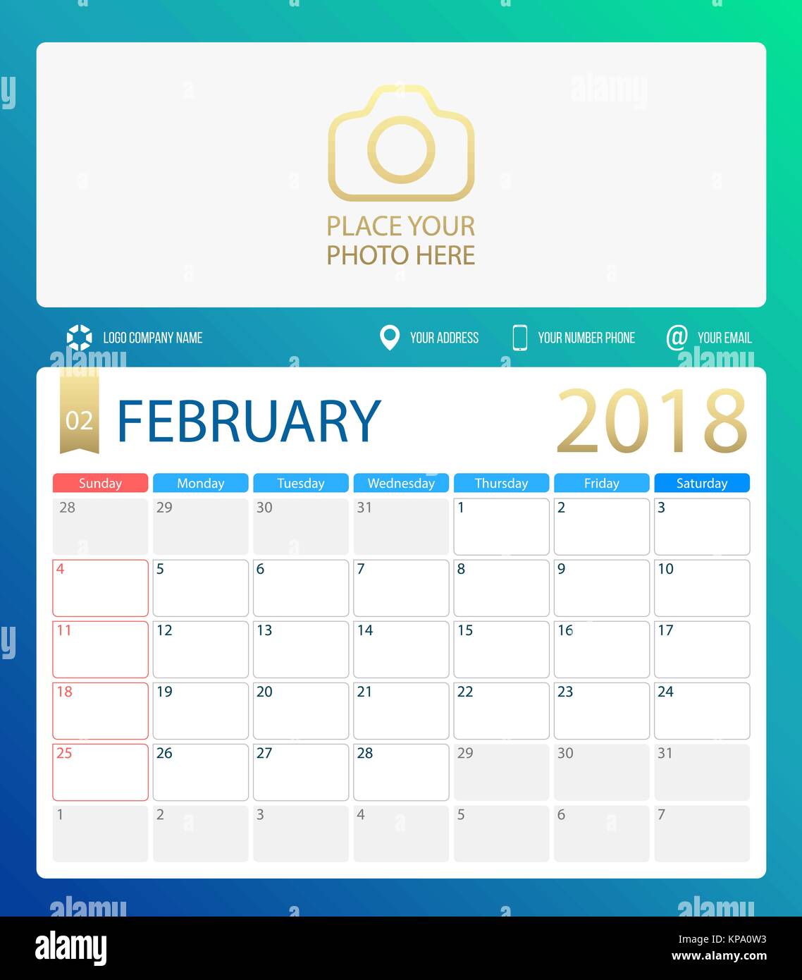 FEBRUARY 2018, illustration vector calendar or desk planner, weeks ...