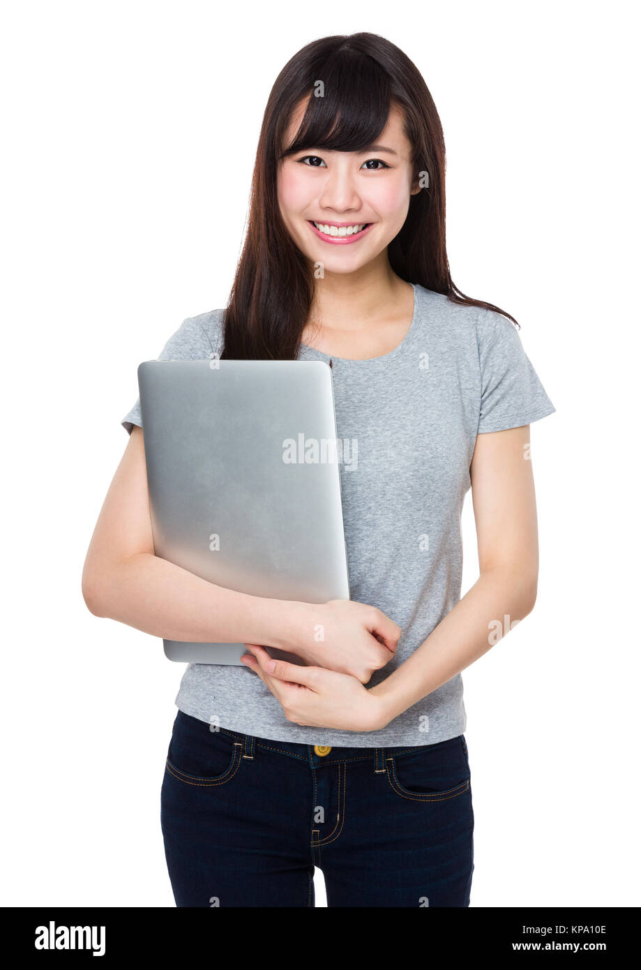 Woman hold with laptop computer Stock Photo - Alamy