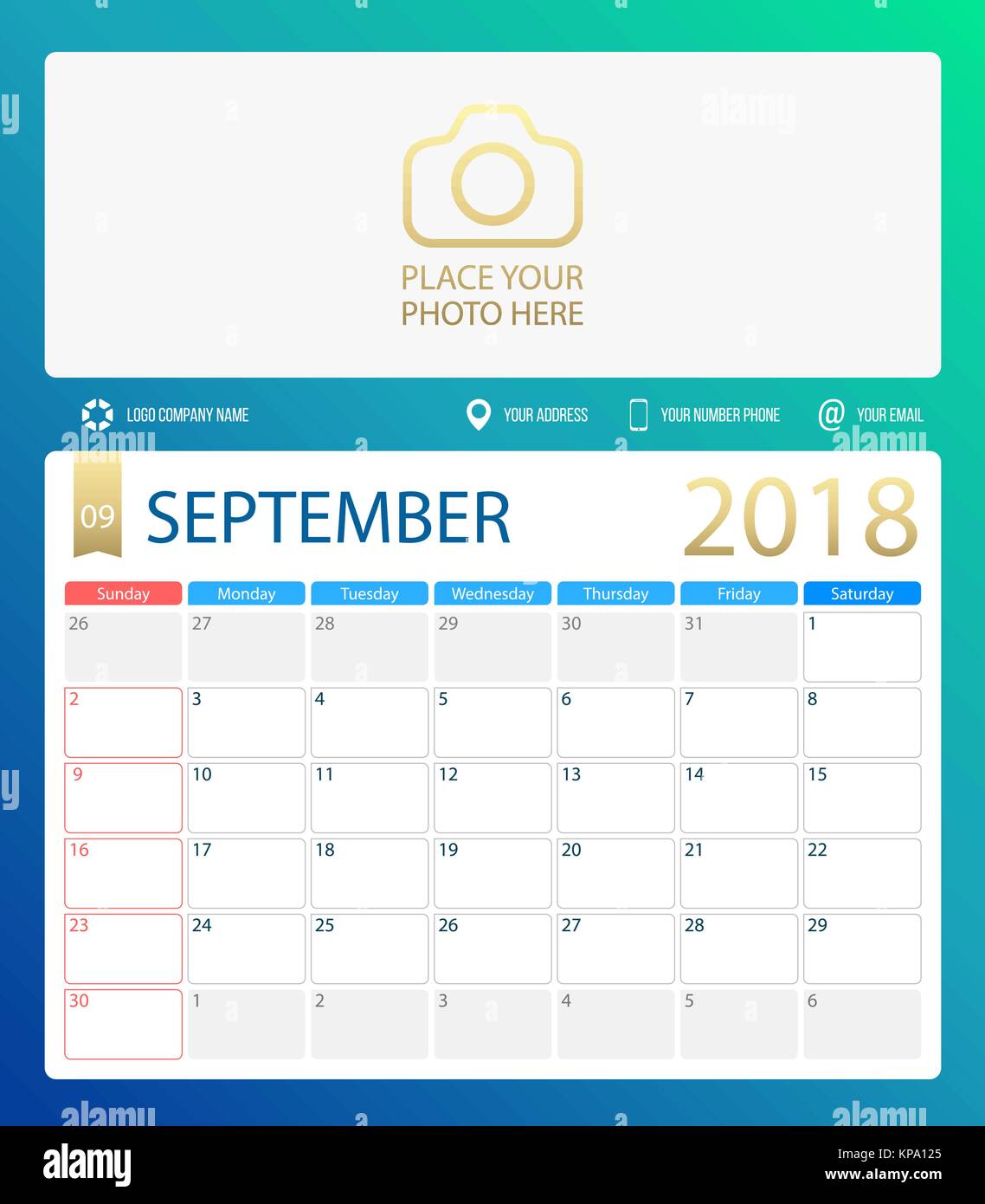 SEPTEMBER 2018, illustration vector calendar or desk planner, weeks ...