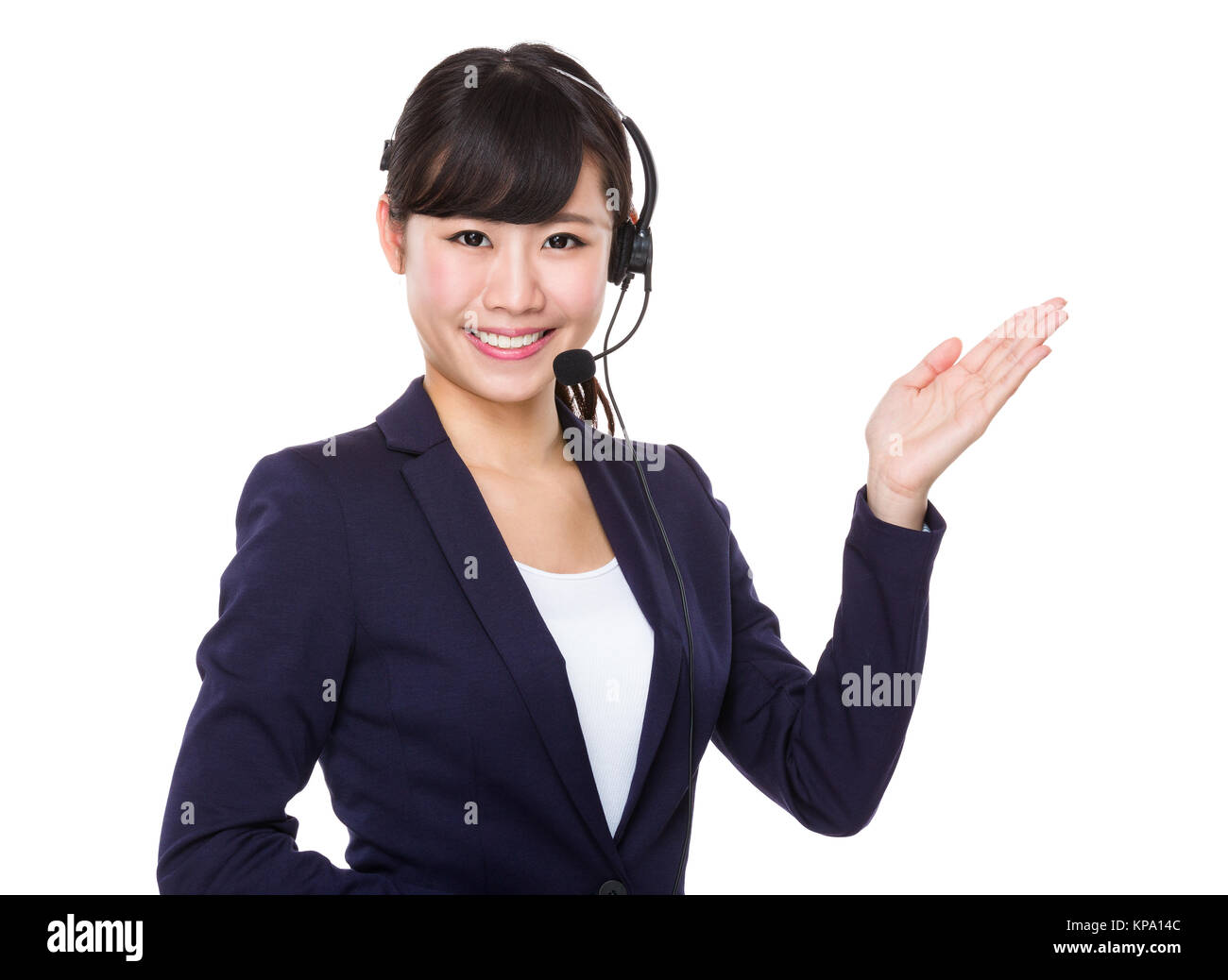 Customer services operator with open hand palm Stock Photo - Alamy