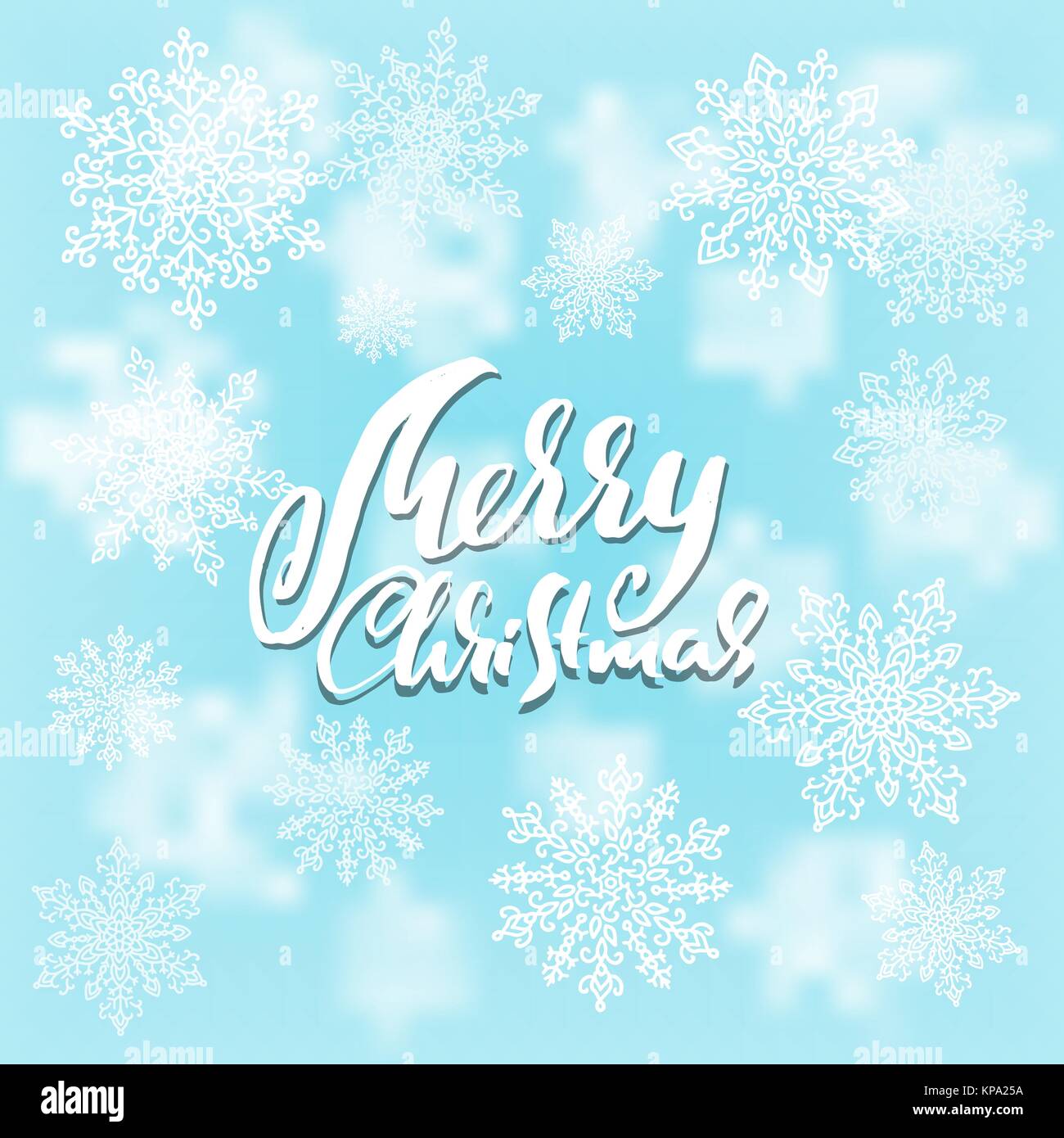 Merry Christmas handwritten lettering design on blur blue background. Vector illustration. White ...