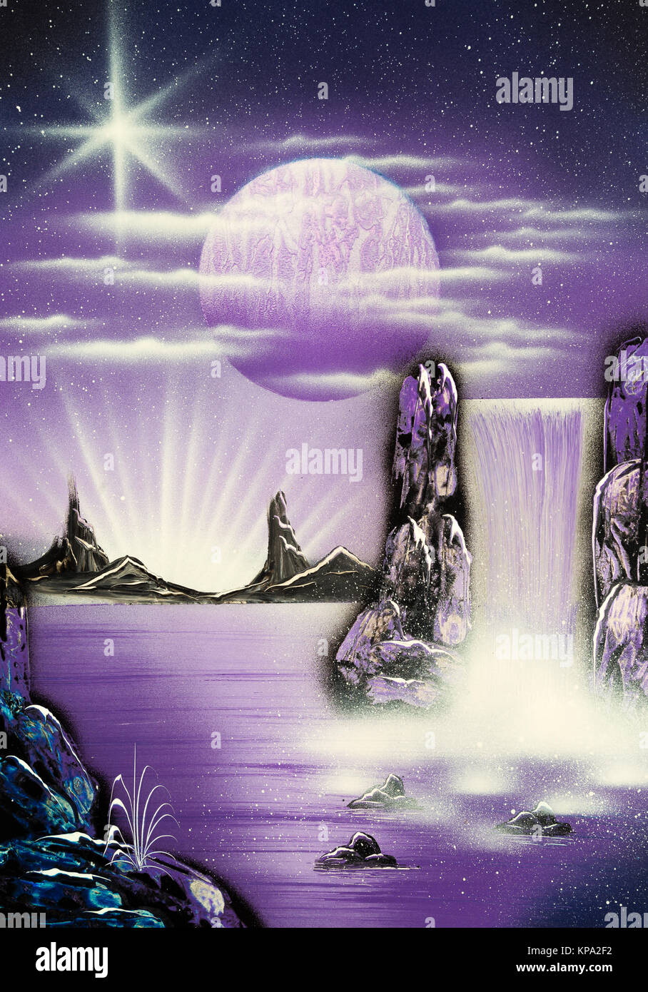 exoplanet with waterfall and moon in the sky Stock Photo - Alamy