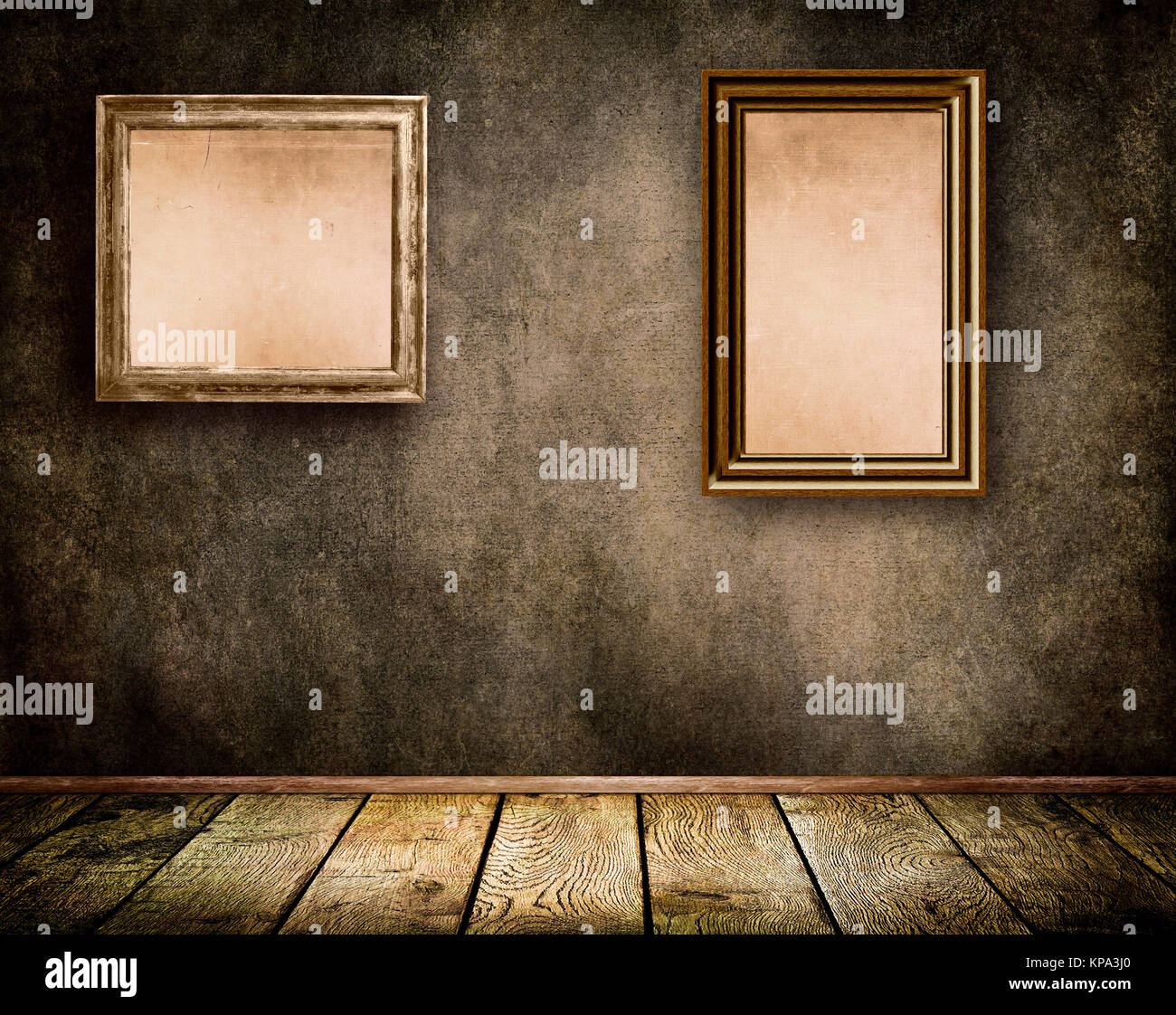 Old-fashioned wooden frames on a old wall. Grunge wall background with ...