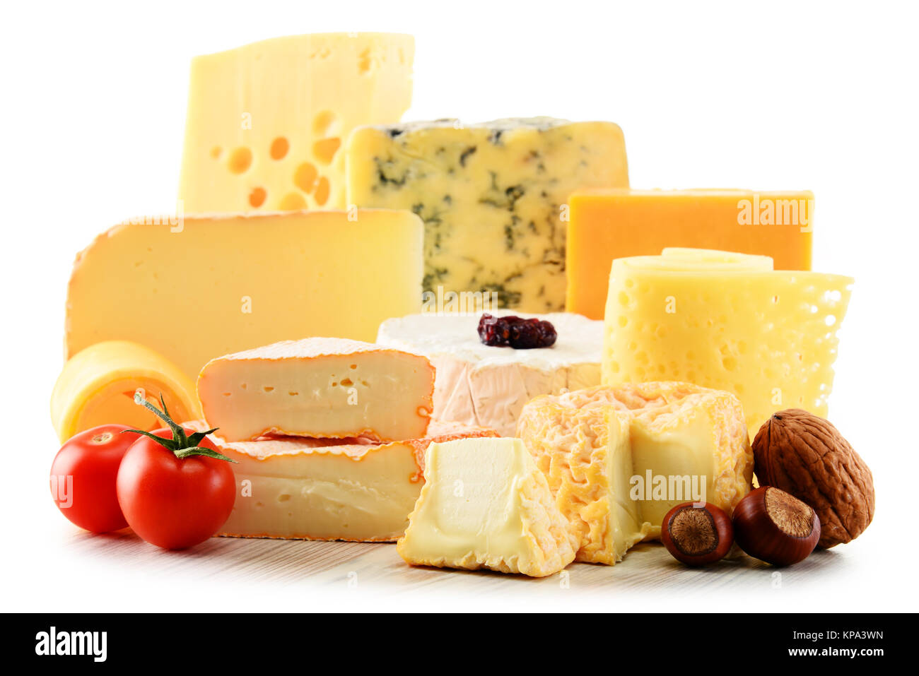 Different sorts of cheese isolated on white background Stock Photo - Alamy