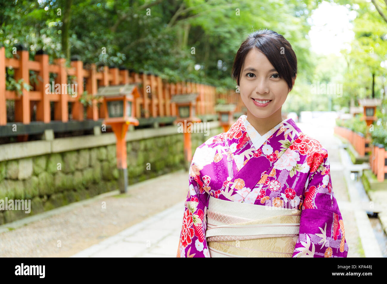 Japanese woman at temple with traditional kimono Stock Photo - Alamy