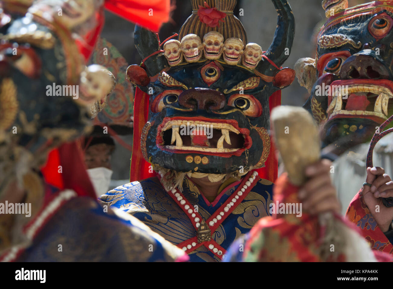 Ancient Tibetan blue ritual sacral Bull Mask with high horns and open ...