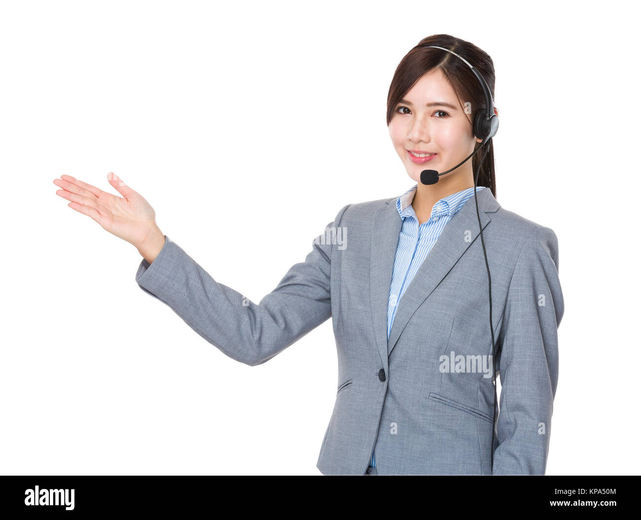 Customer services representative with hand showing blank sign Stock ...