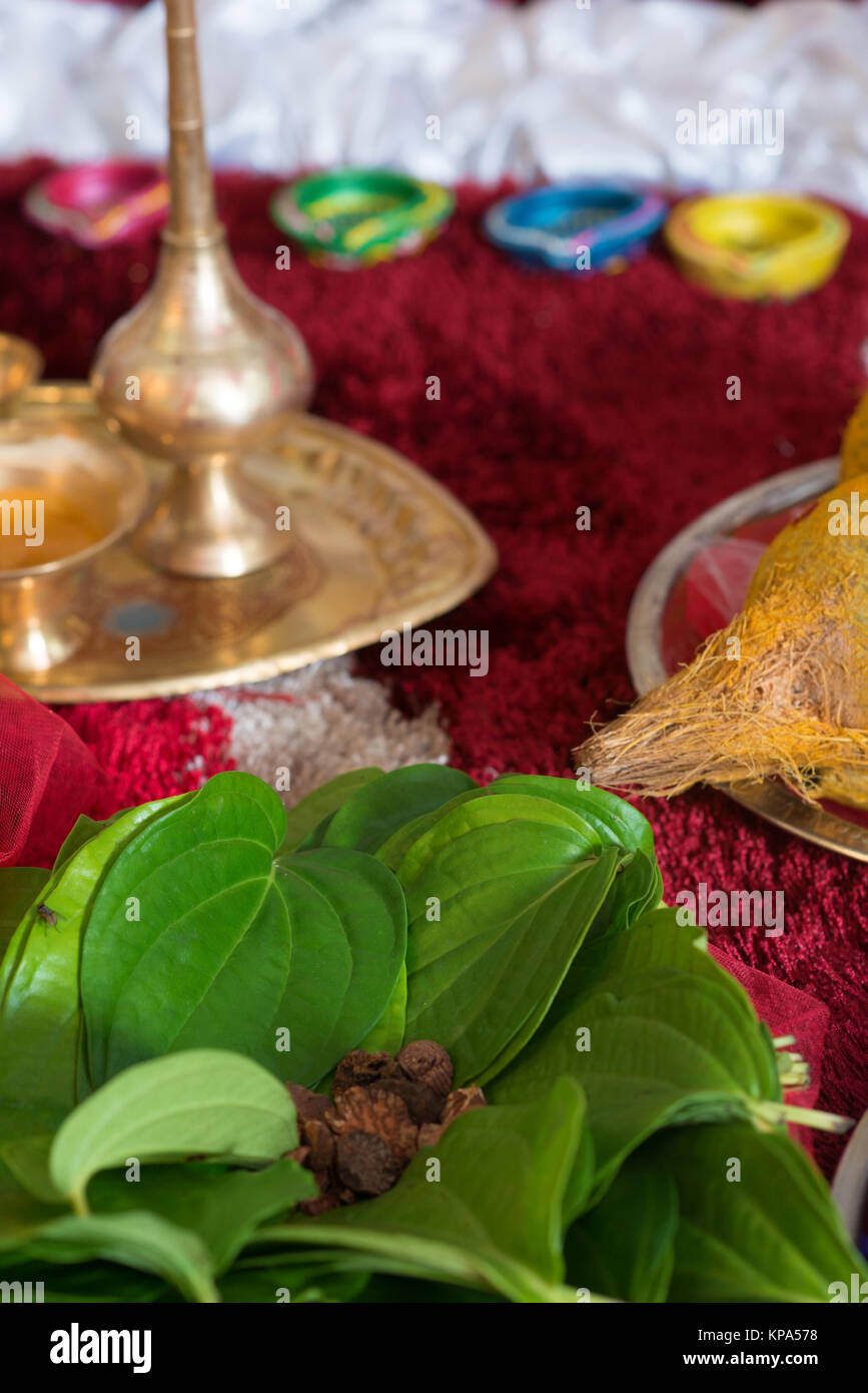Traditional Indian Hindu religious praying items Stock Photo - Alamy