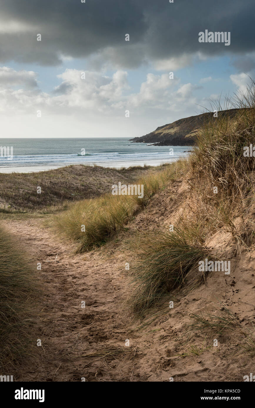 Beautiful landscape image of Freshwater West beach with sand dunes in ...