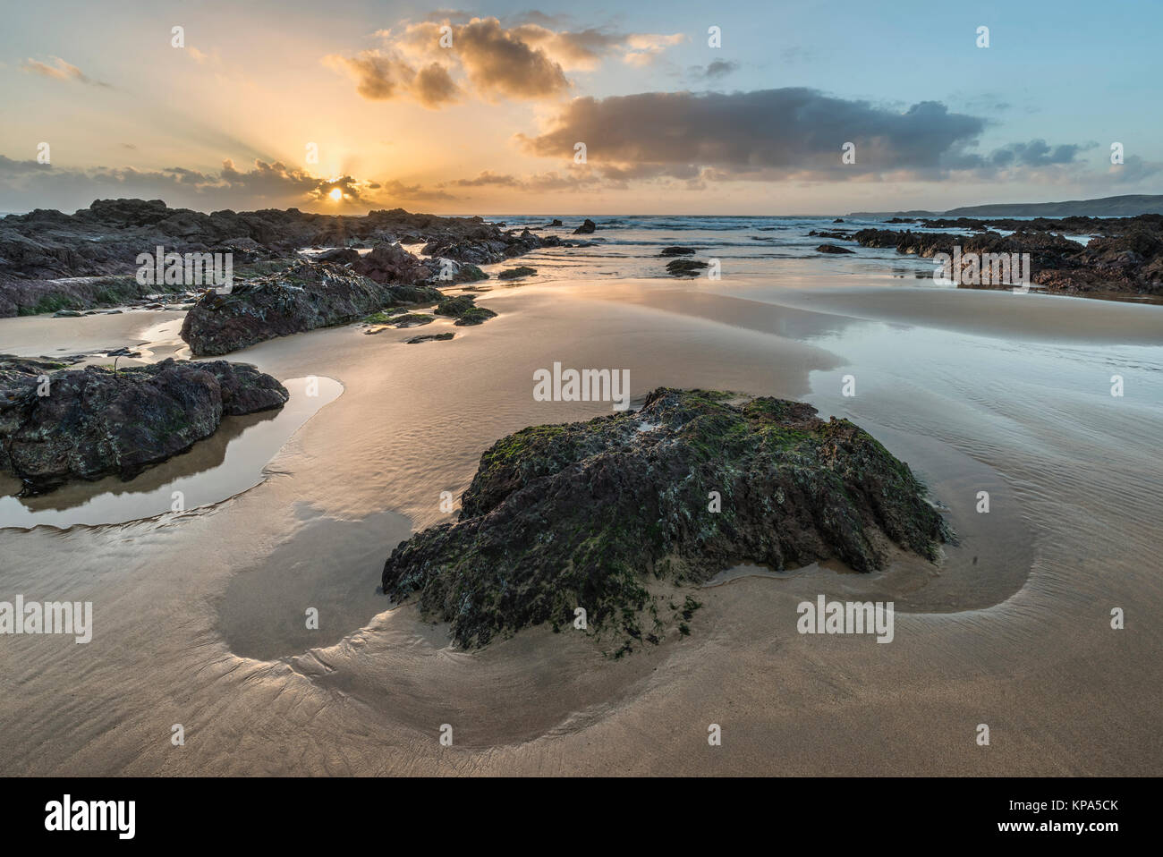 Beautiful sunset landscape image of Freshwater West beach on ...