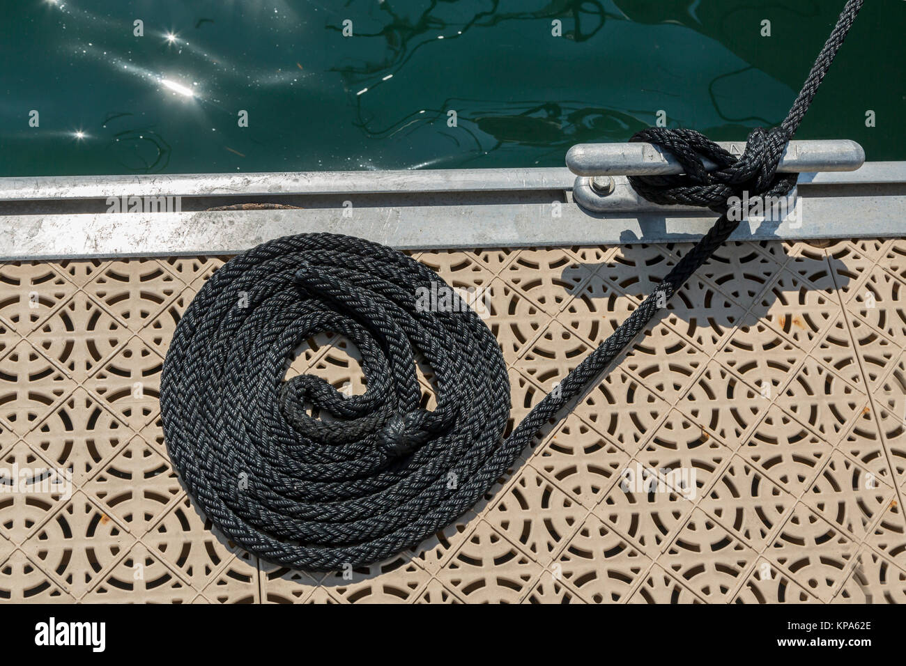The braided mooring rope on a ship deck. Nautical mooring rope Stock ...