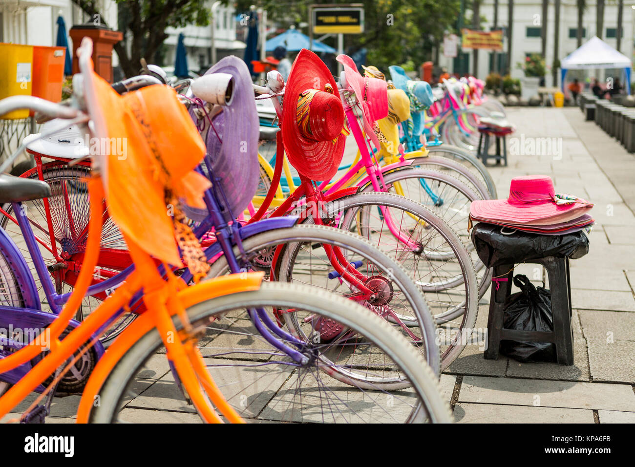 Colorful bicycles lined up on Fatahilah Square in Jakarta's Old Town ...
