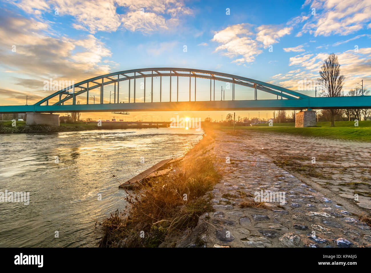 Sunset view at Sava river in Zagreb, Hendrix bridge scenery Stock Photo ...
