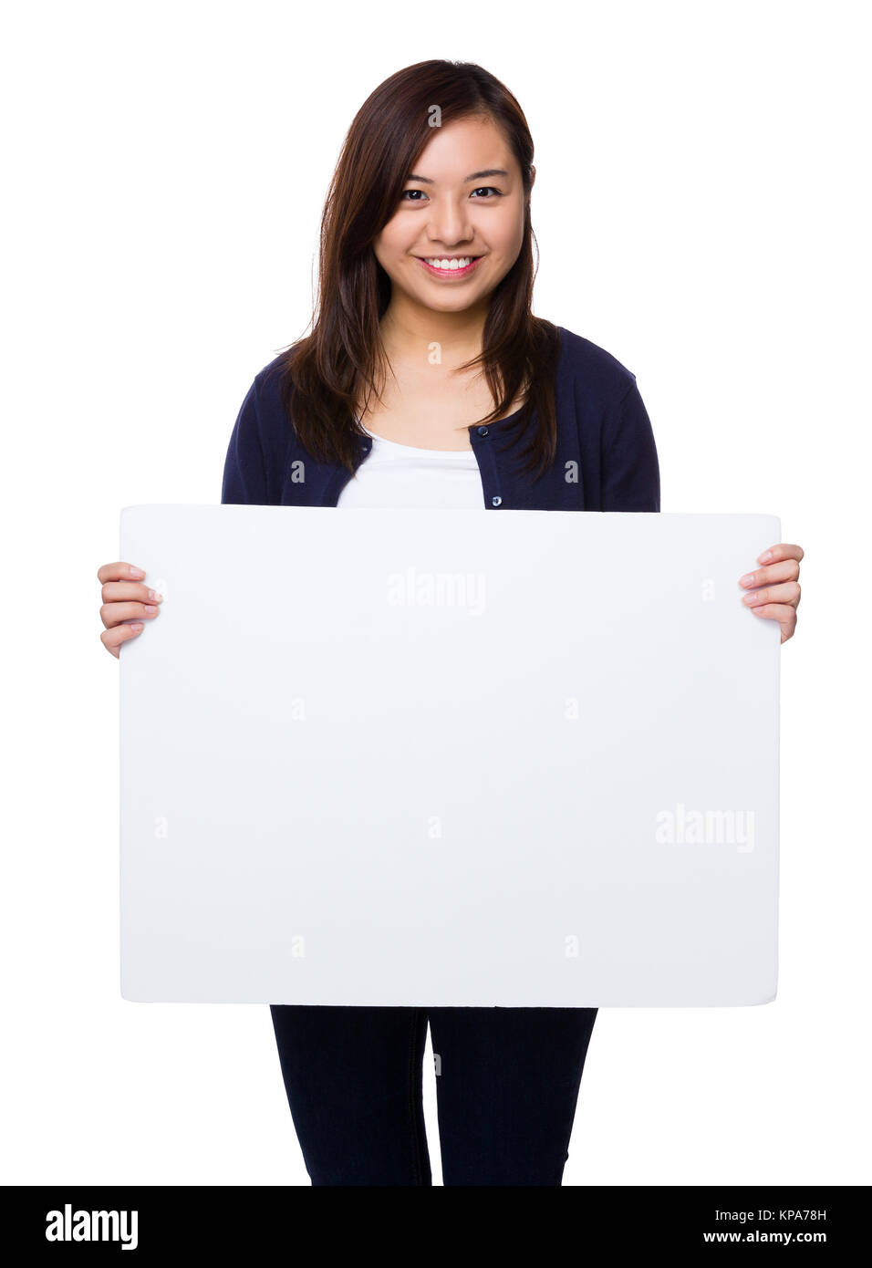 Young woman showing the white banner Stock Photo - Alamy