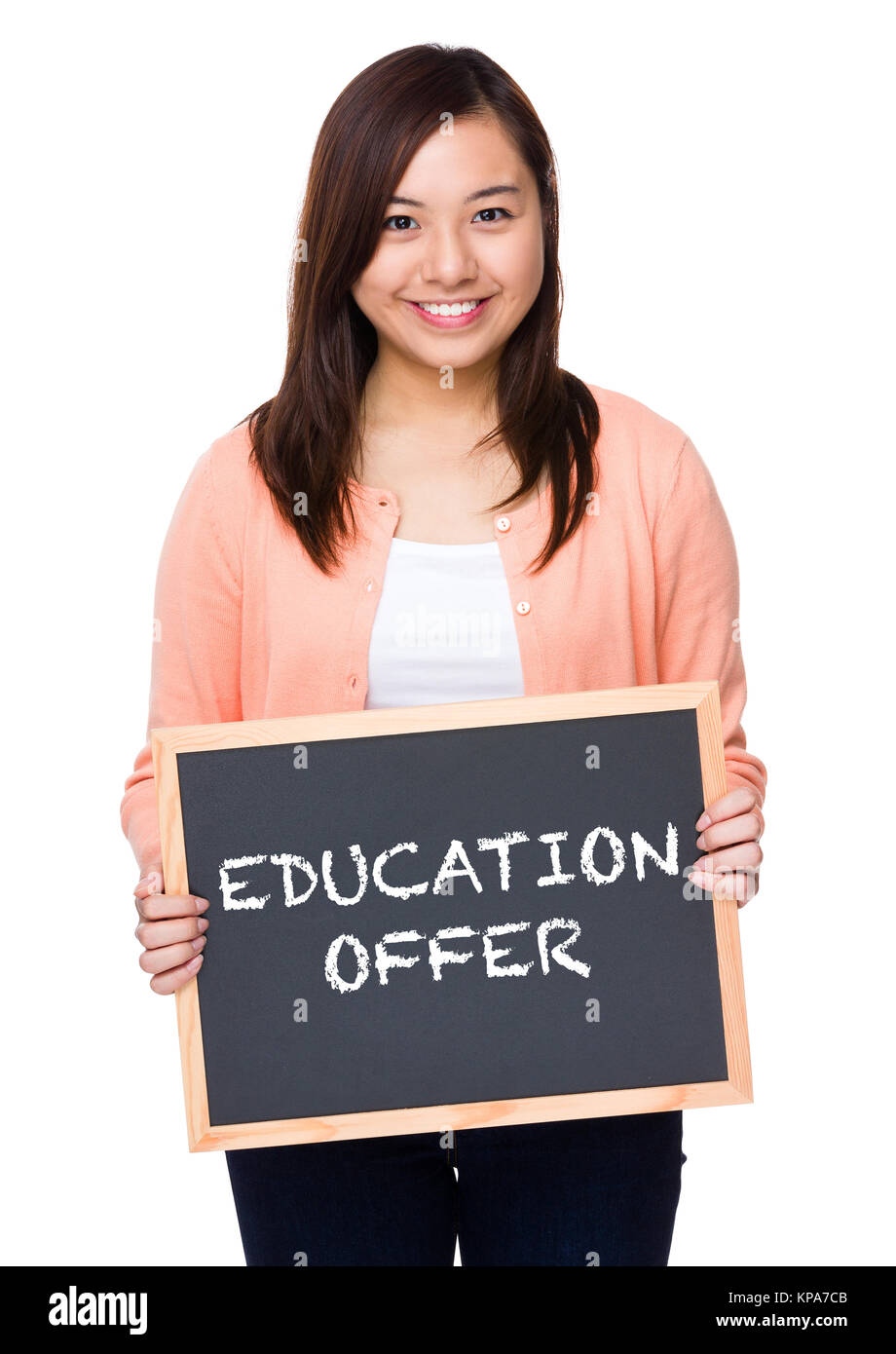 Asian woman with black board showing education offer Stock Photo - Alamy