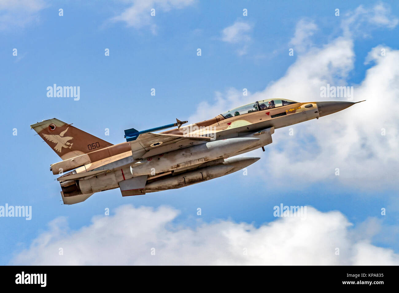 Israeli Air Force (IAF) General Dynamics F-16D in flight with a blue ...