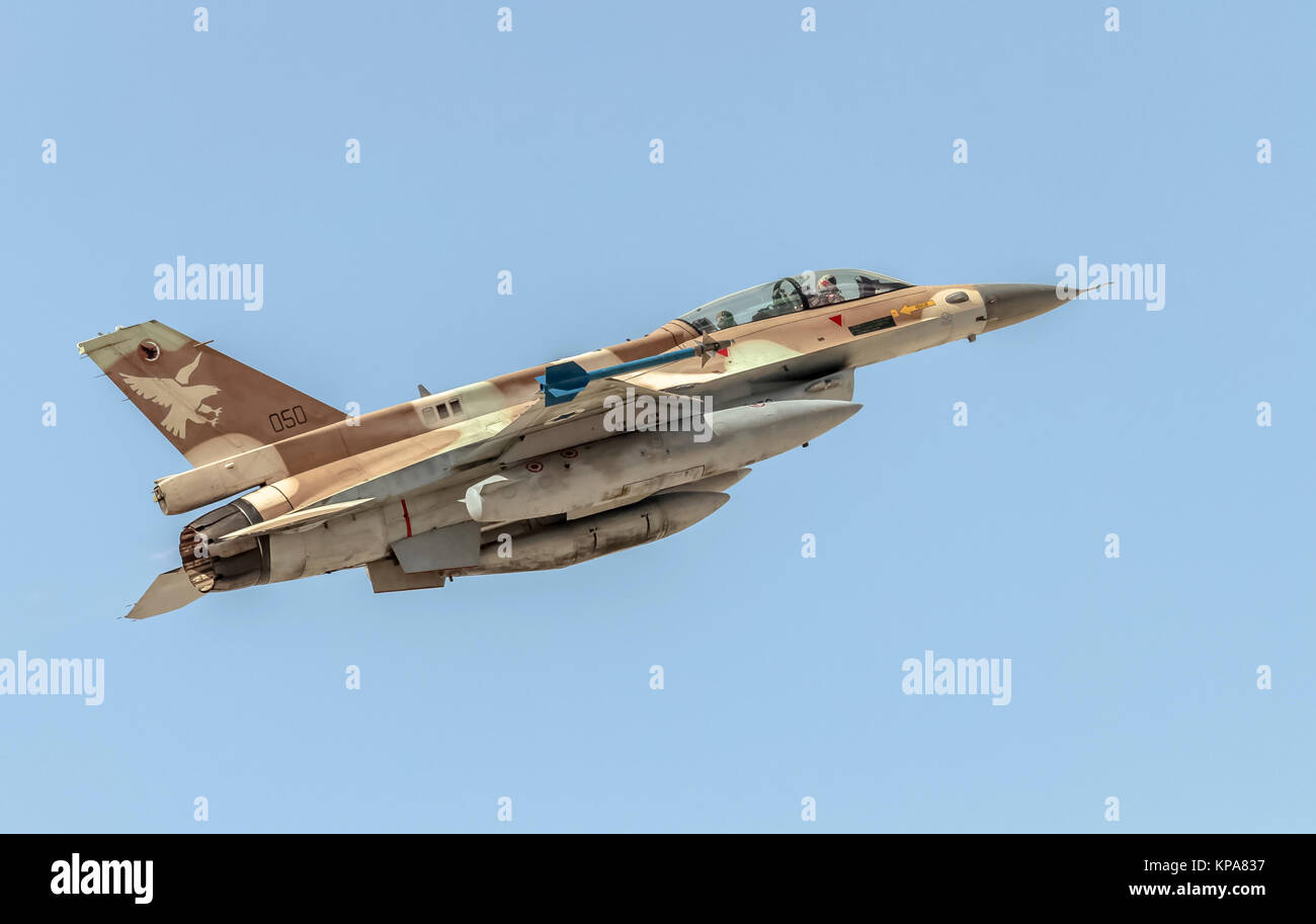 Israeli Air Force (IAF) General Dynamics F-16D in flight with a blue ...