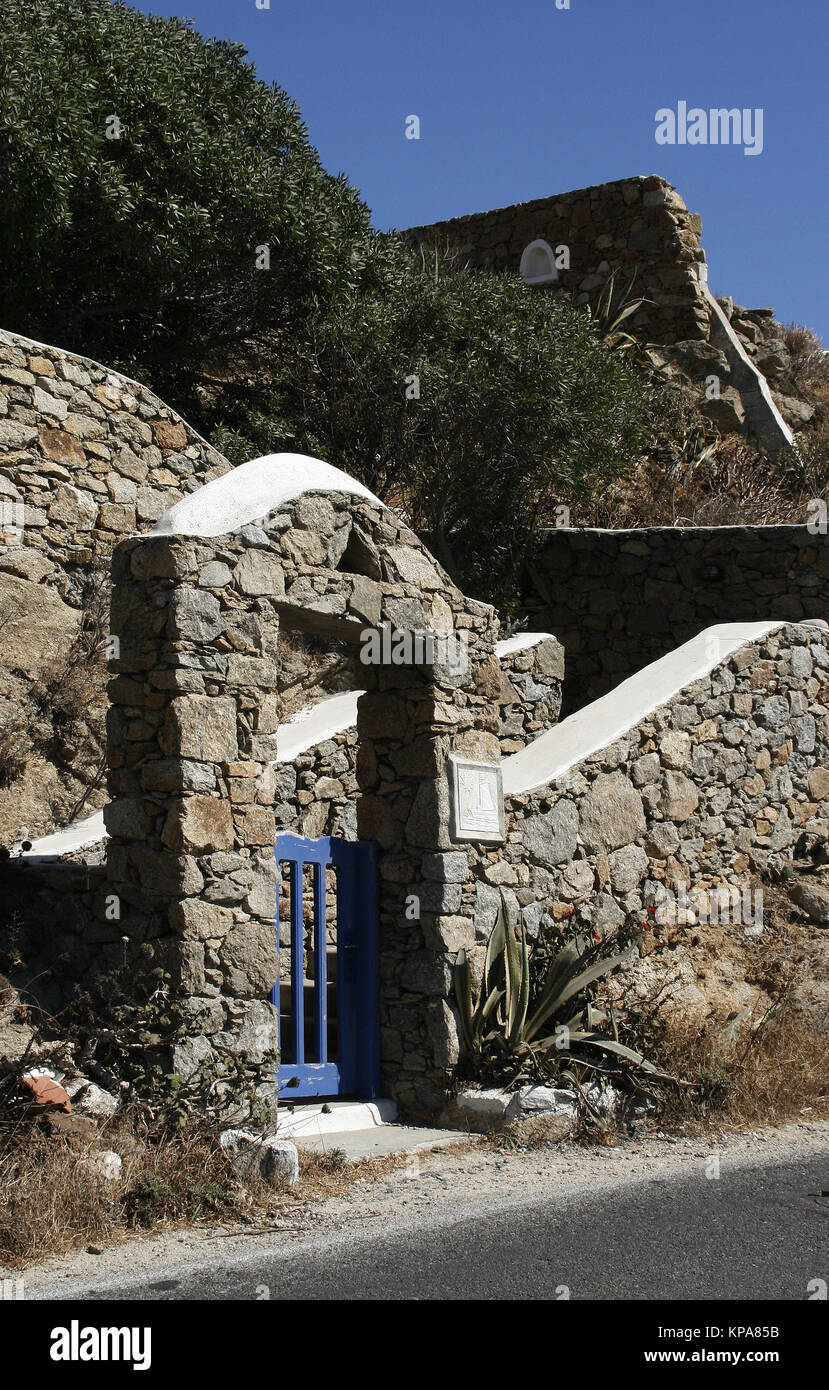 stone wall and stairs. Architecture in Mykonos Greece Stock Photo - Alamy
