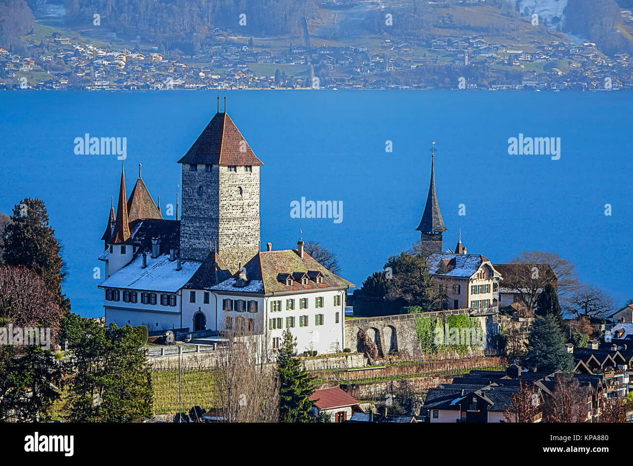 spiez castle with the castle church Stock Photo - Alamy