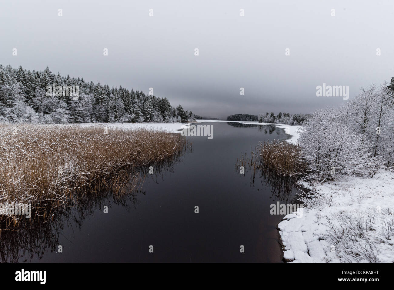A snowy landscape overlooking water and ice Stock Photo - Alamy