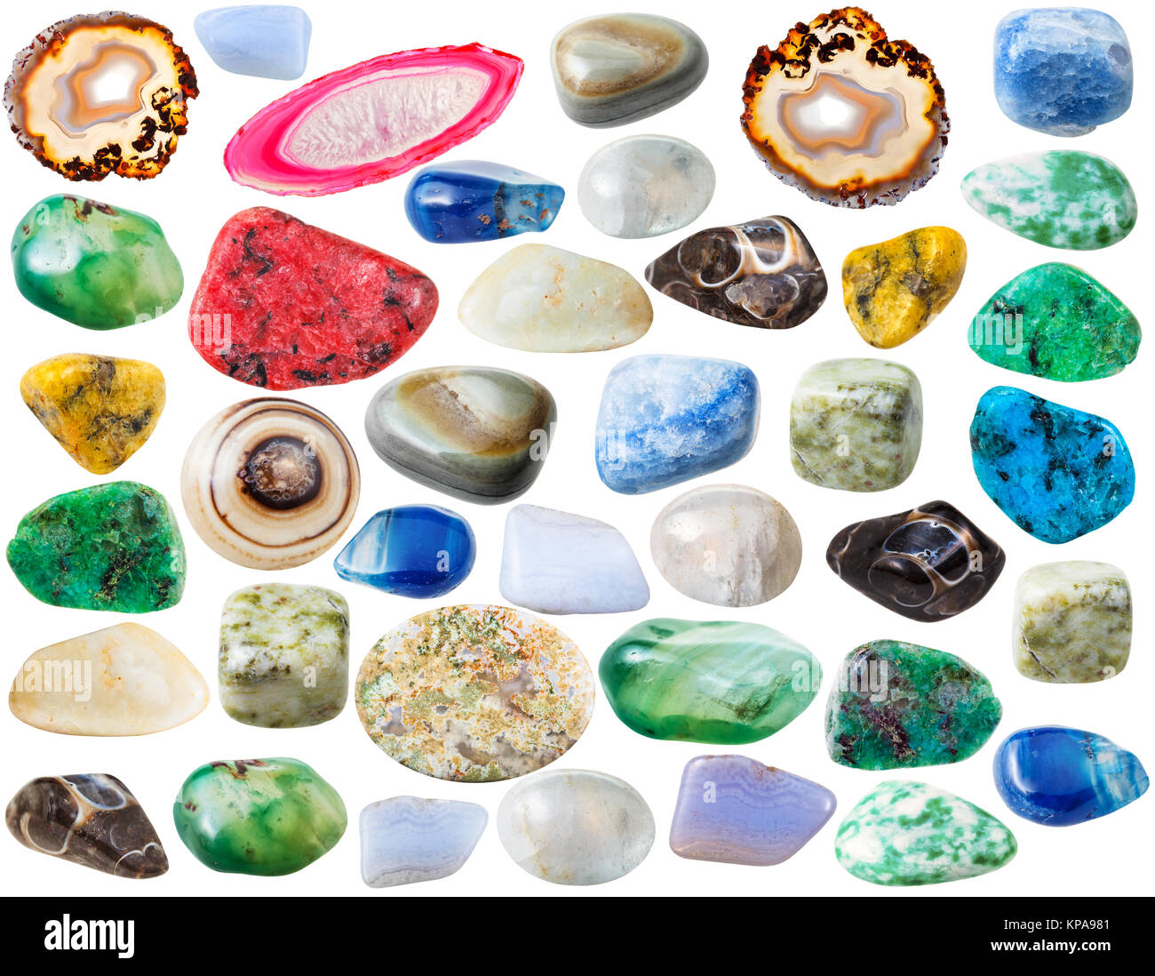 various agate gem stones isolated on white Stock Photo - Alamy