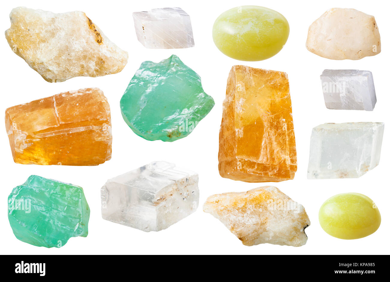 various calcite gem stones isolated on white Stock Photo - Alamy