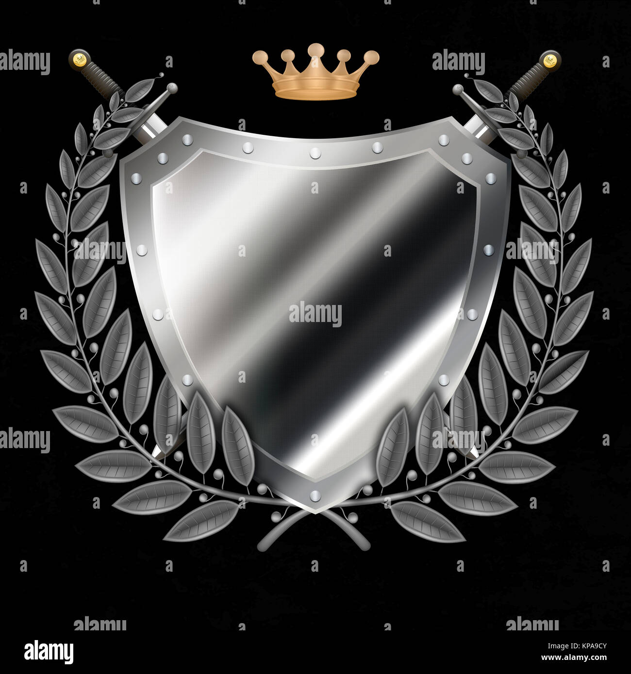 Riveted silver shield with laurel branchs and gold crown and swords on ...
