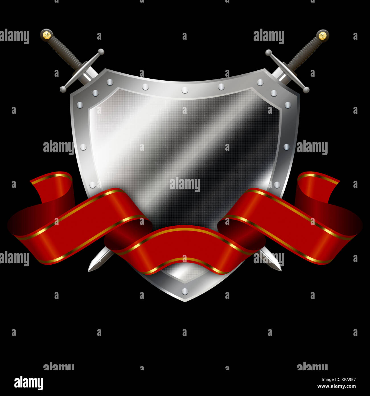 Riveted silver shield with red ribbon and swords on black background ...