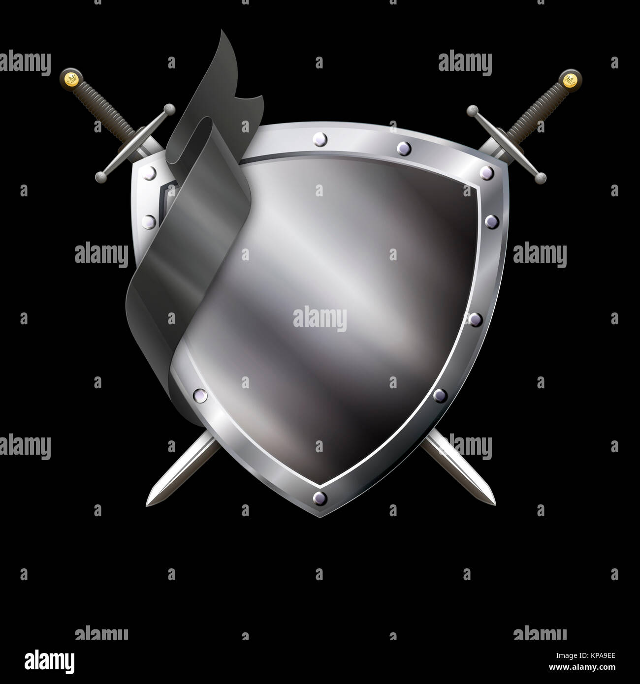 Ancient silver shield with two swords and ribbon on black background ...