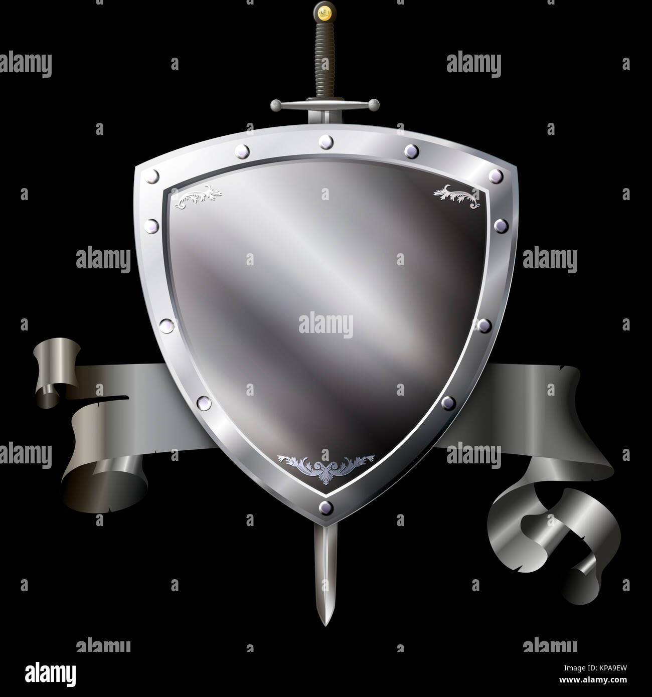 Ancient silver shield with sword,silver ribbon, and decorations on ...