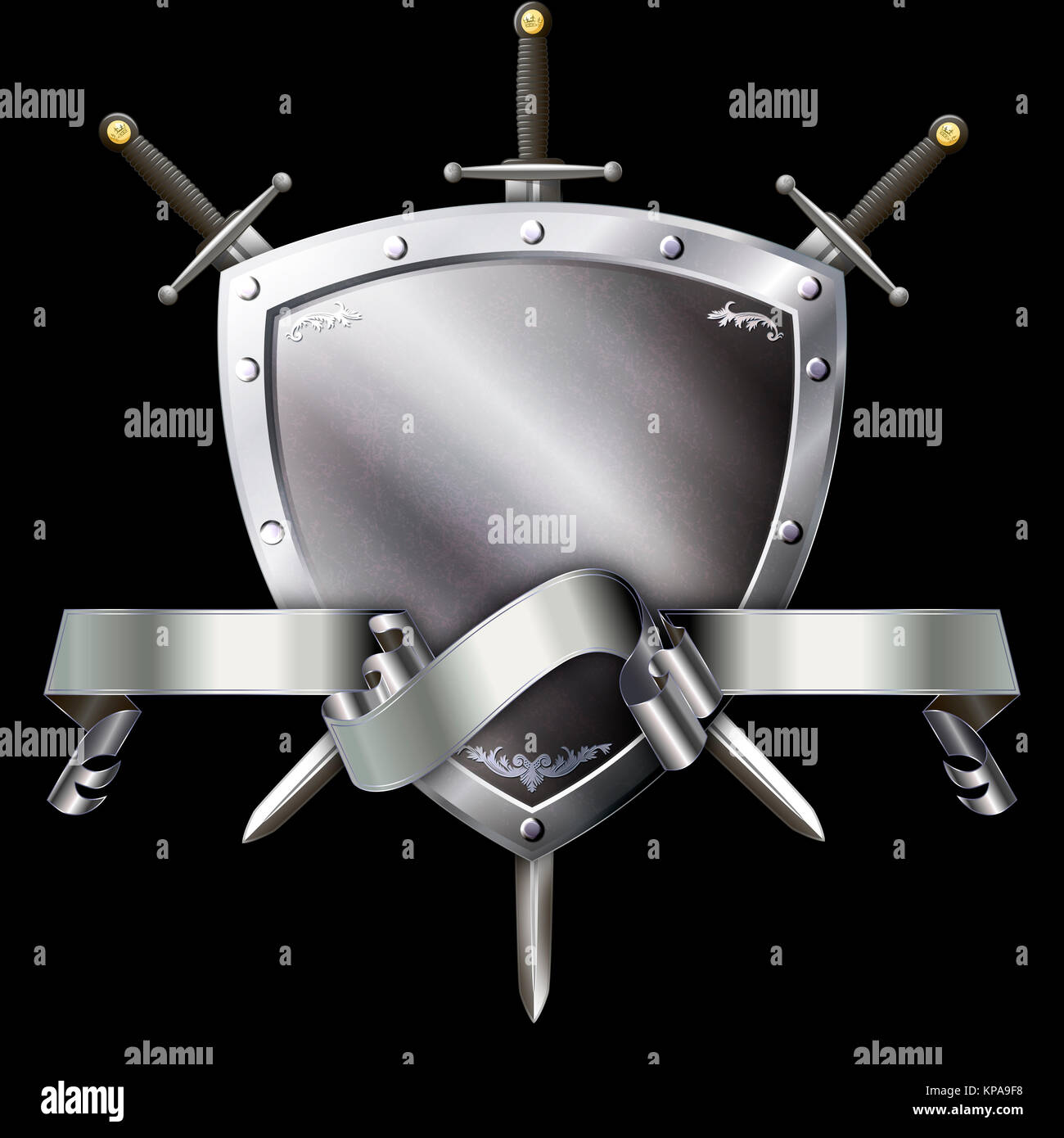 Ancient silver shield with swords,silver ribbon and decorations on ...