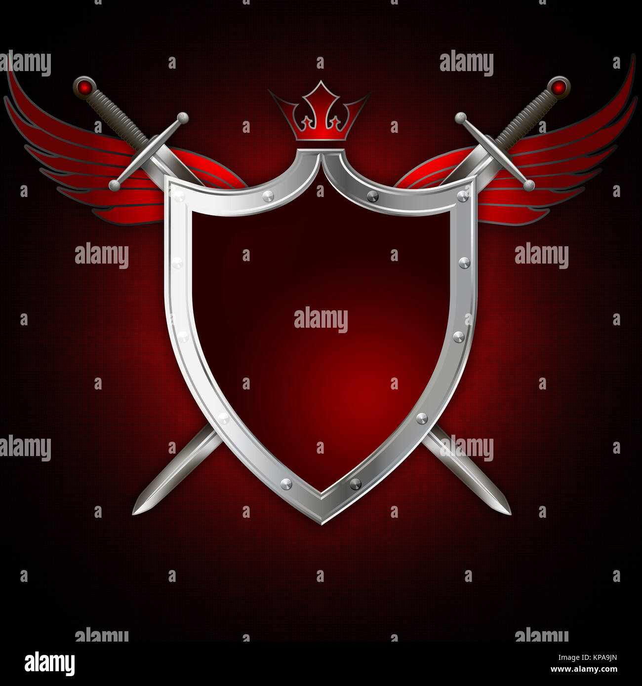 Ancient shield with swords,red crown and red wings on dark red ...
