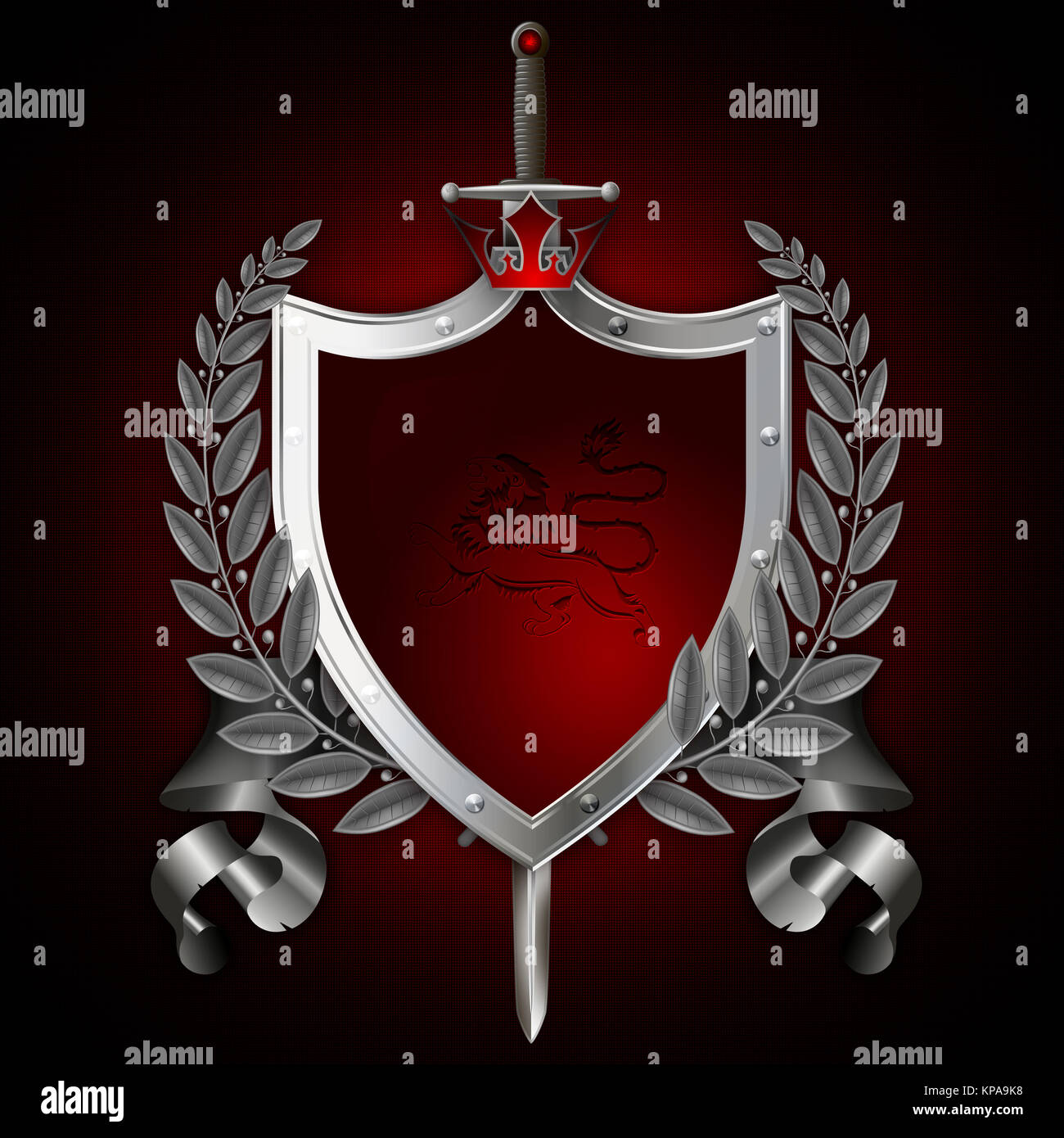 Ancient shield with sword,red crown,silver ribbon and silver laurel ...