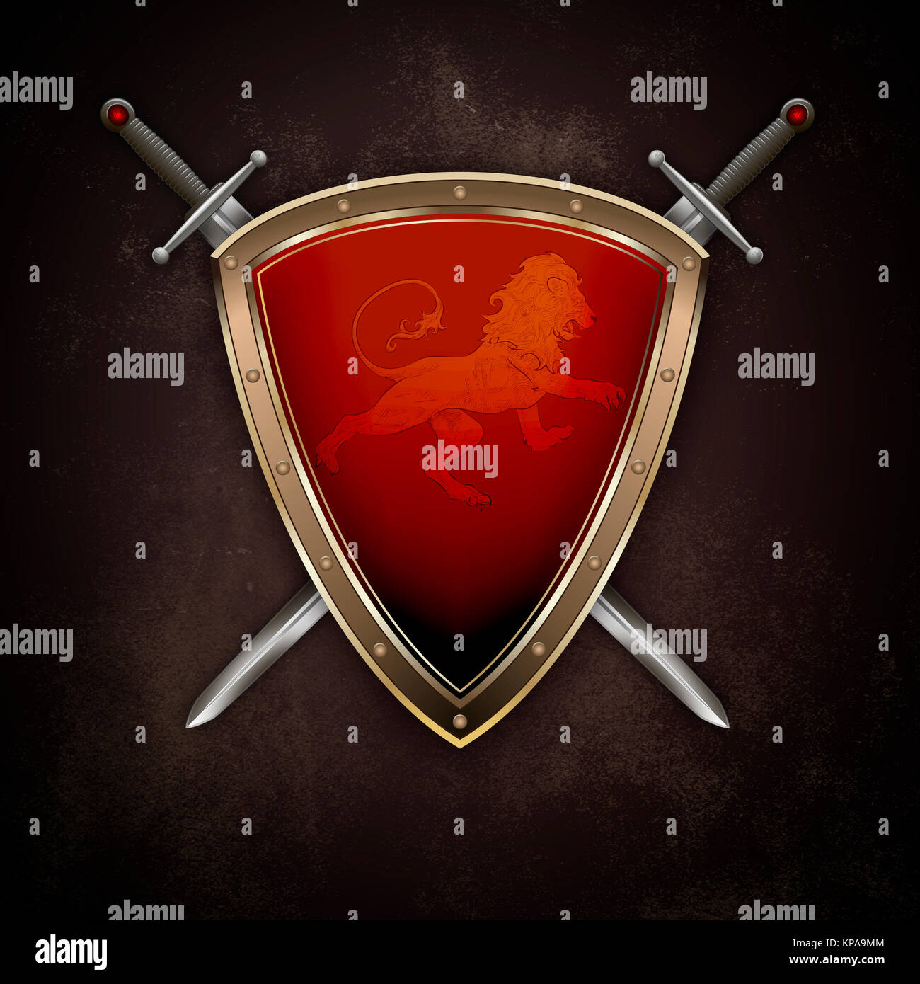 Medieval shield with two swords and scroll of parchment on dark grunge ...