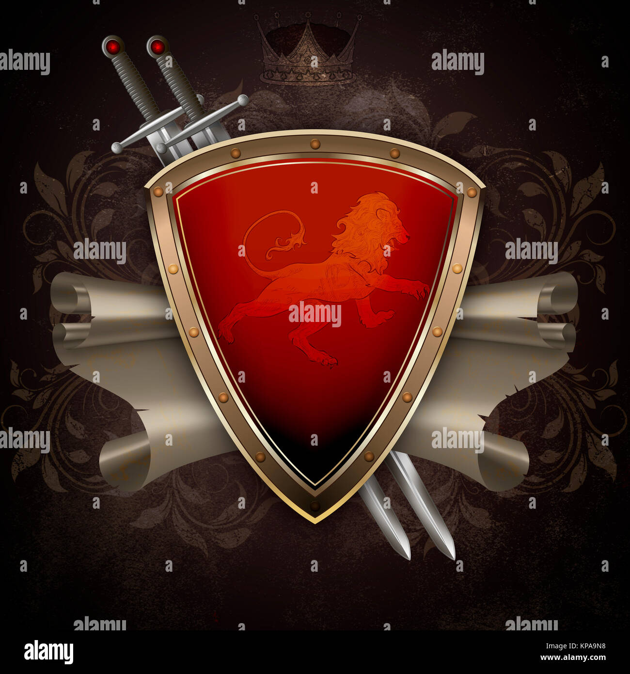 Medieval shield with two swords and scroll of parchment on dark grunge ...