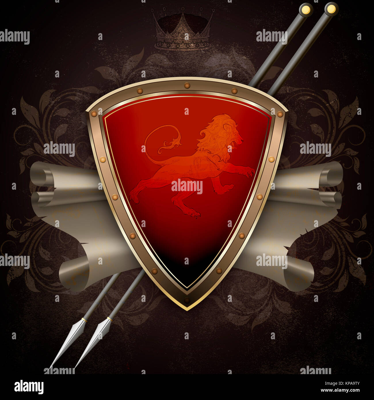 Medieval shield with spears and scroll of parchment on dark grunge ...