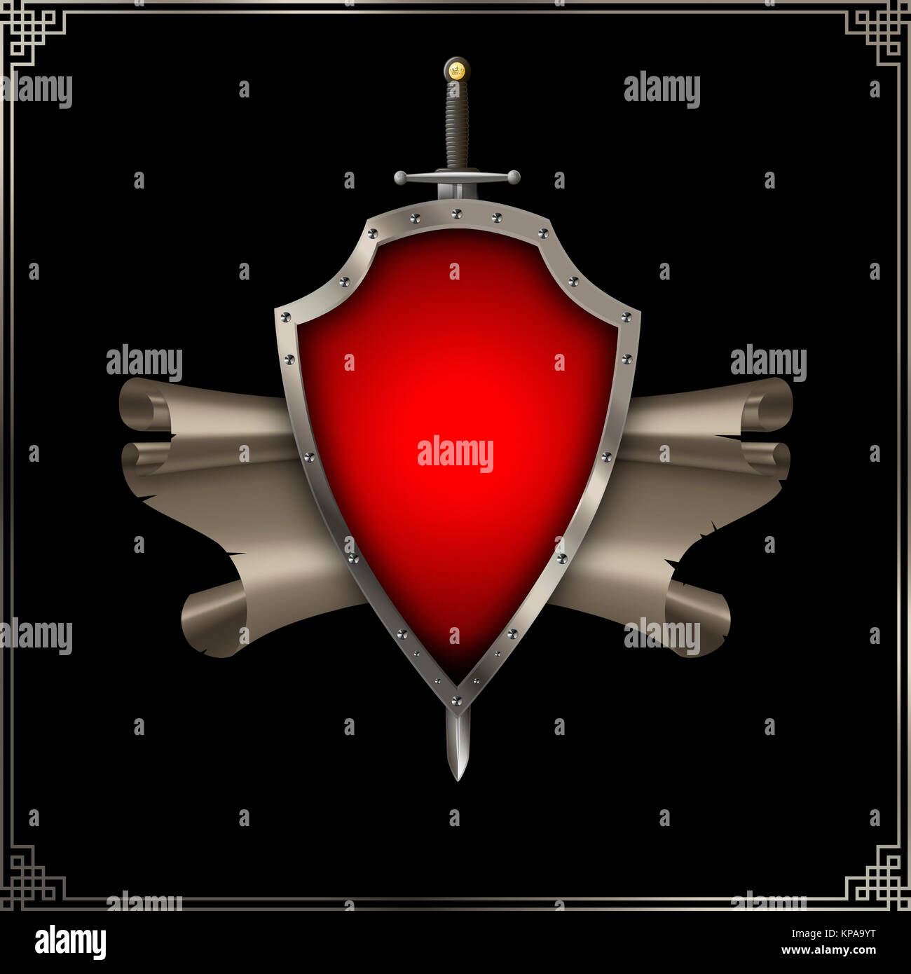 Red medieval shield with sword and scroll on black background Stock ...