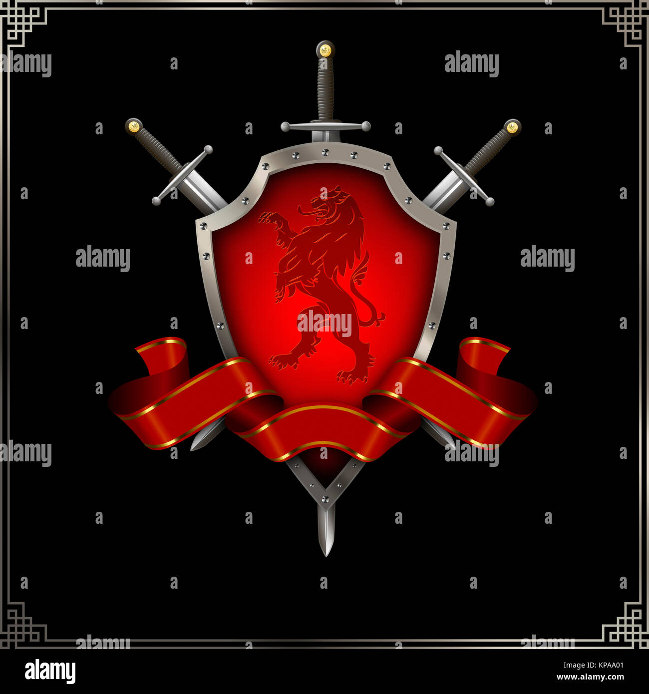 Red medieval shield with three swords and red ribbon and heraldic lion ...