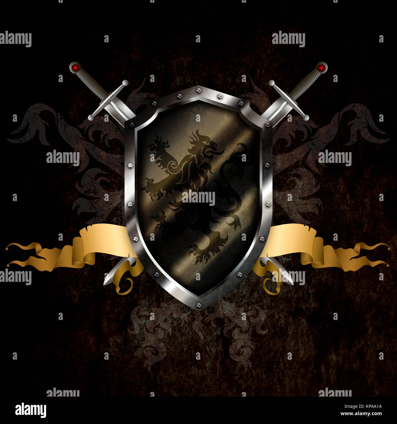 Medieval rusty riveted shield with two swords and old ribbon, heraldic ...