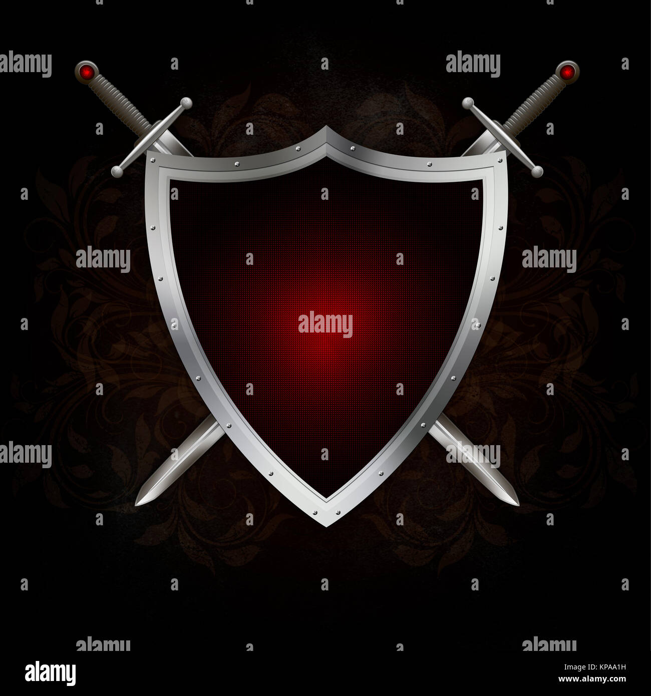 Medieval riveted shield with two swords on dark grunge background Stock ...