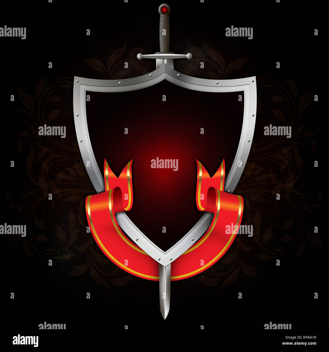 Medieval riveted shield with sword and red ribbon on dark grunge ...